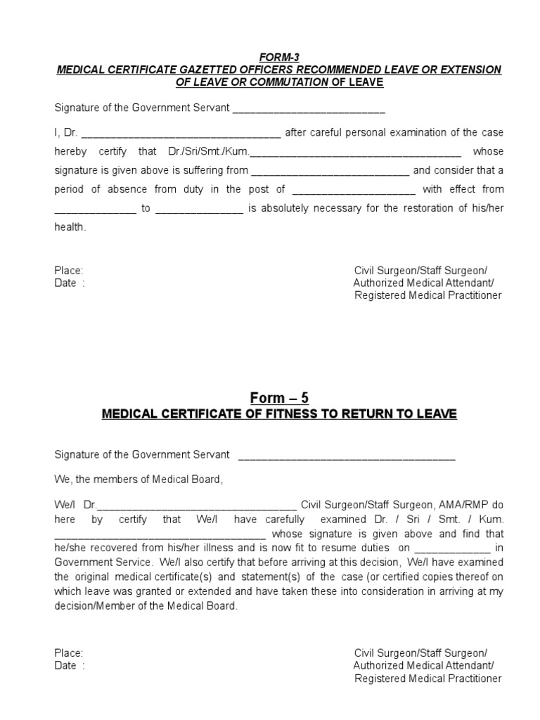 FORM-3 Medical Certificate Gazetted Officers Recommended Leave or ...