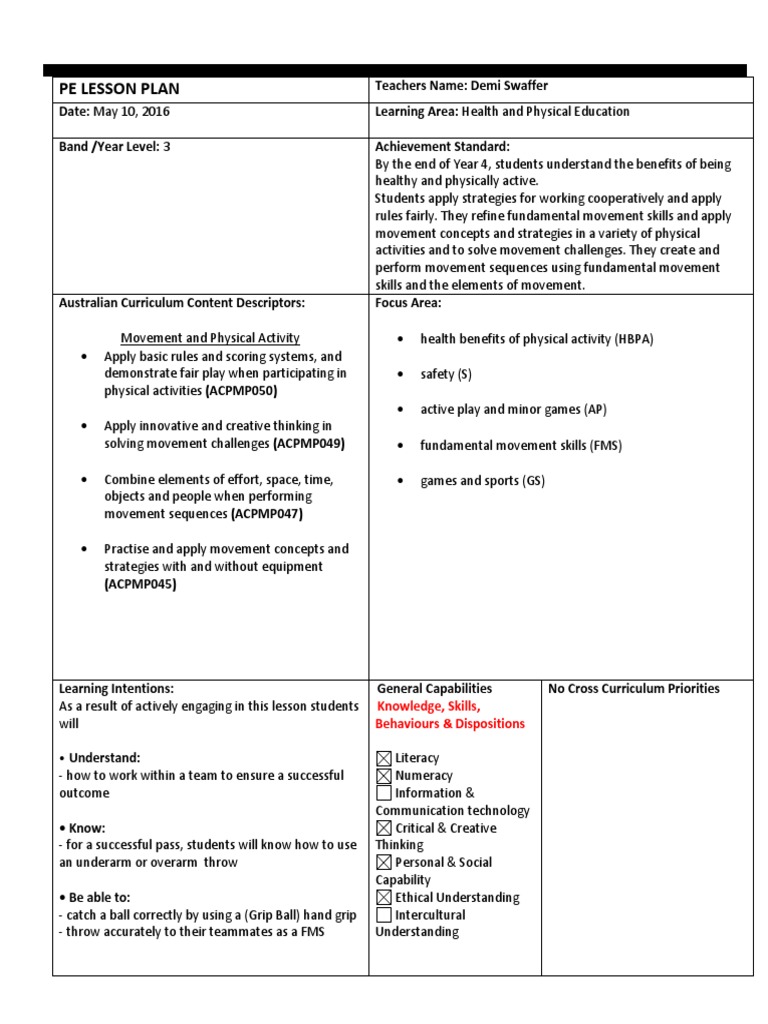 Pe Lesson Plan | PDF | Physical Education | Lesson Plan