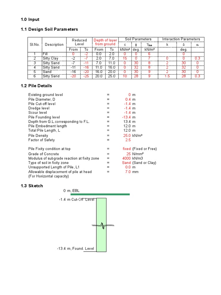 1.0 Input 1.1 Design Soil Parameters: Depth of Layer From Ground | PDF ...