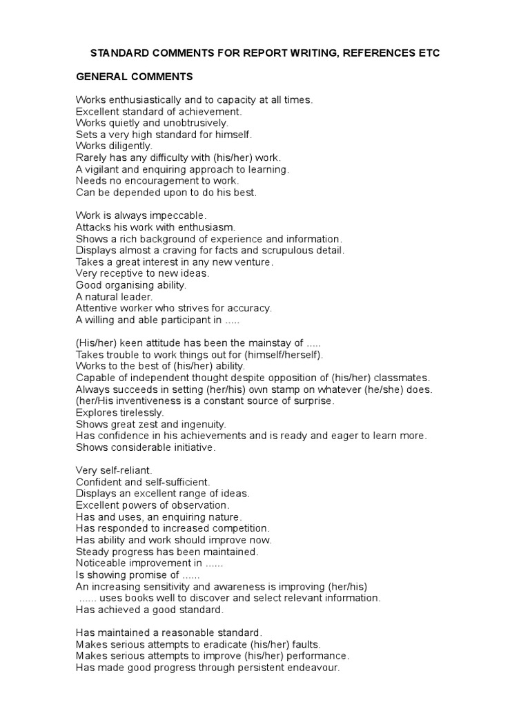 Standard Comments For Report Writing | PDF | Teaching Mathematics ...