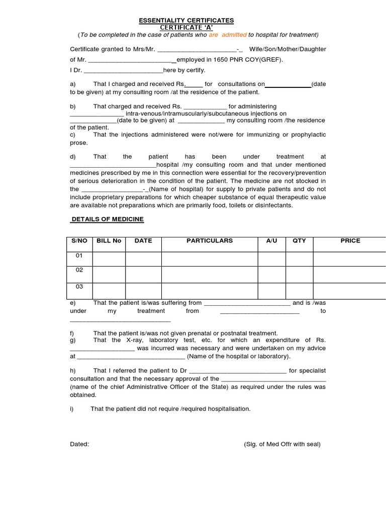 Essentiality Certificates Certificate A': Are Admitted | PDF | Patient ...