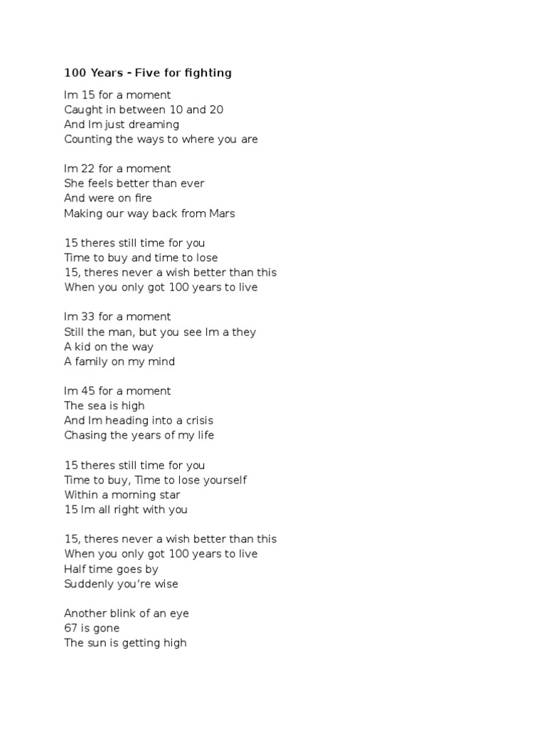 100 Years: Five for Fighting Lyrics | PDF | Poetry