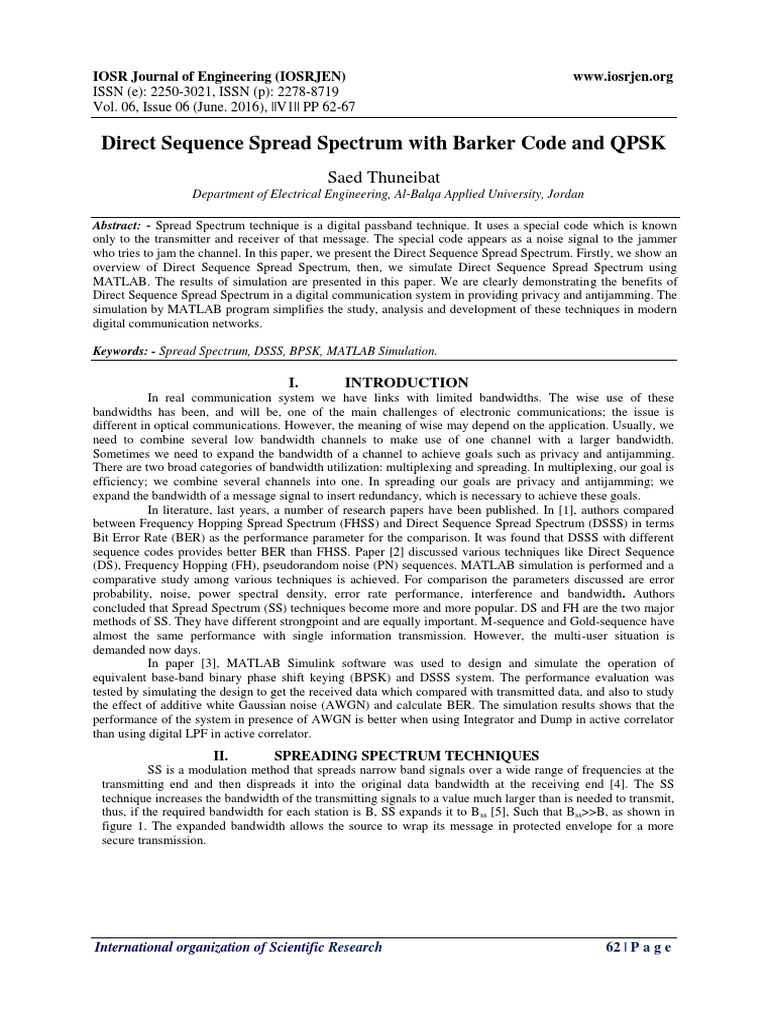Direct Sequence Spread Spectrum With Barker Code And Qpsk Saed Thuneibat Pdf Modulation