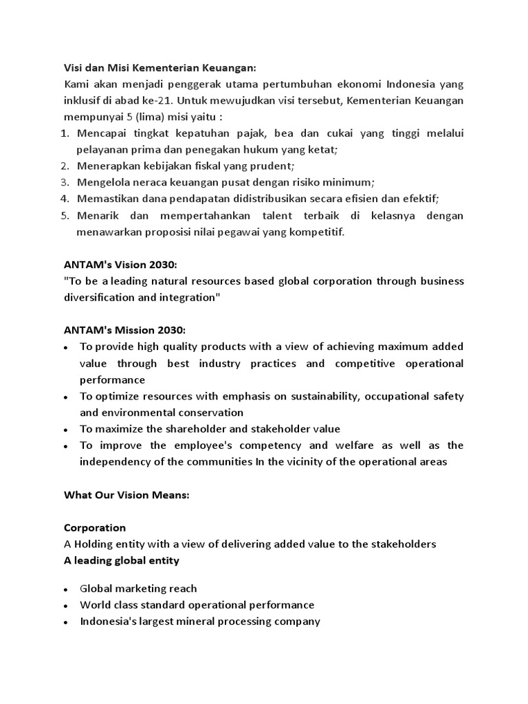 Visi Dan Misi Kementerian Keuangan:: ANTAM's Vision 2030 | PDF ...