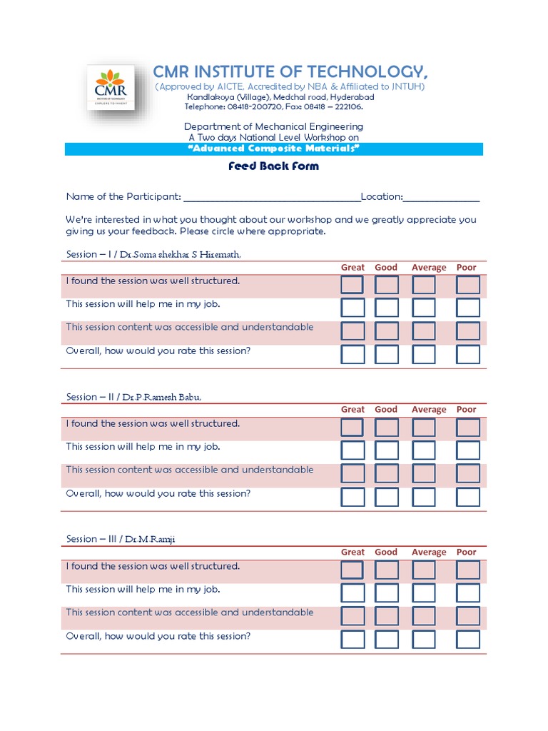 CMR Institute of Technology,: Feed Back Form | Download Free PDF ...