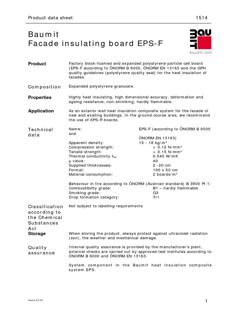 Baumit Facade Insulating Board EPS-F: Product | PDF | Polystyrene ...