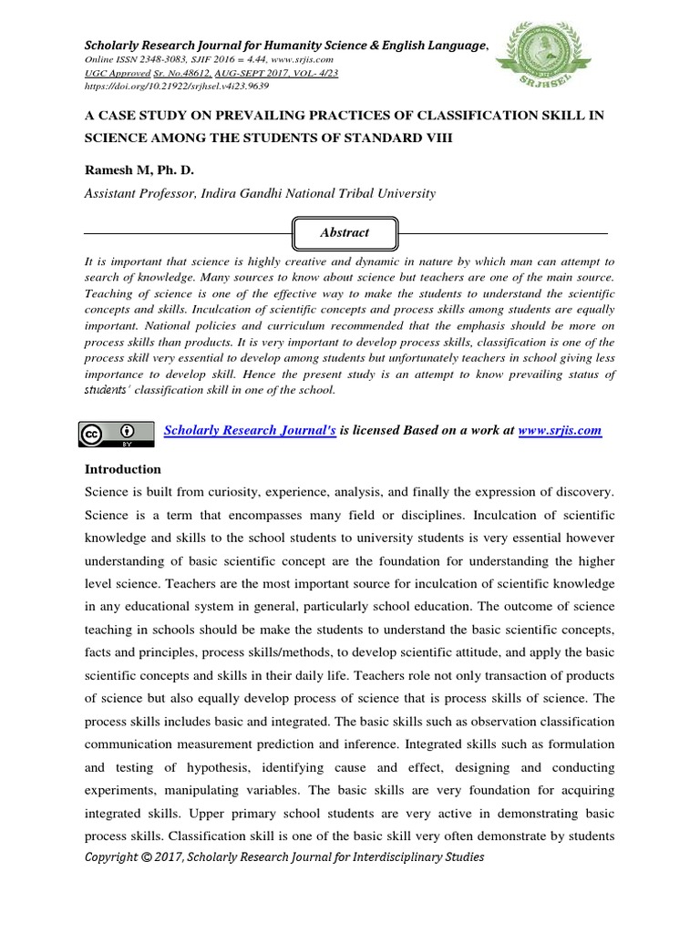 A Case Study On Prevailing Practices of Classification Skill in Science ...