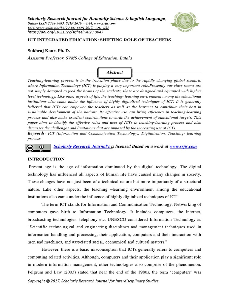 Ict Integrated Education: Shifting Role of Teachers | PDF | Educational ...