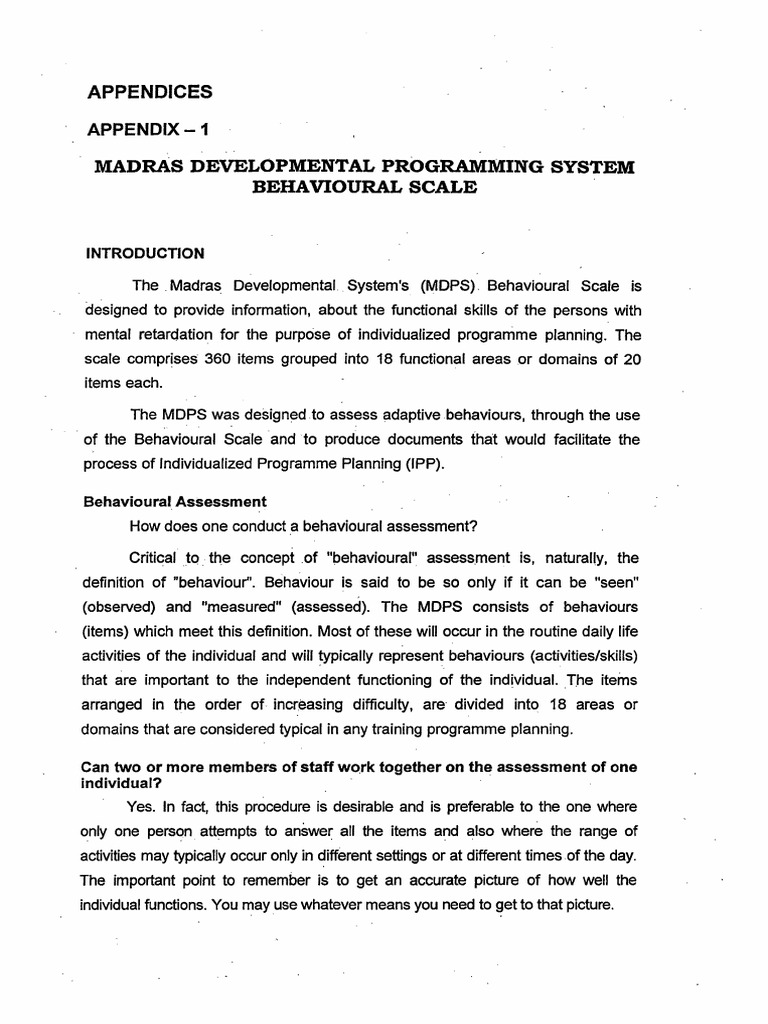 Madras Developmental Programming System Behavioural Scale: Appendices ...