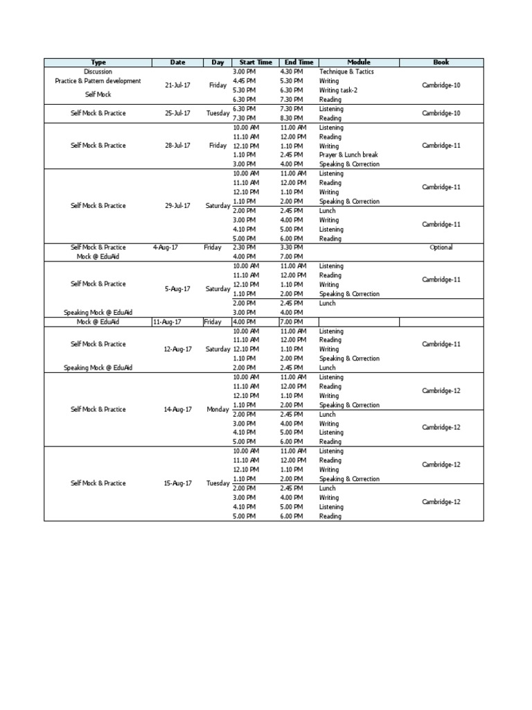 Type Date Day Start Time End Time Book | PDF | Computer Data | Computing