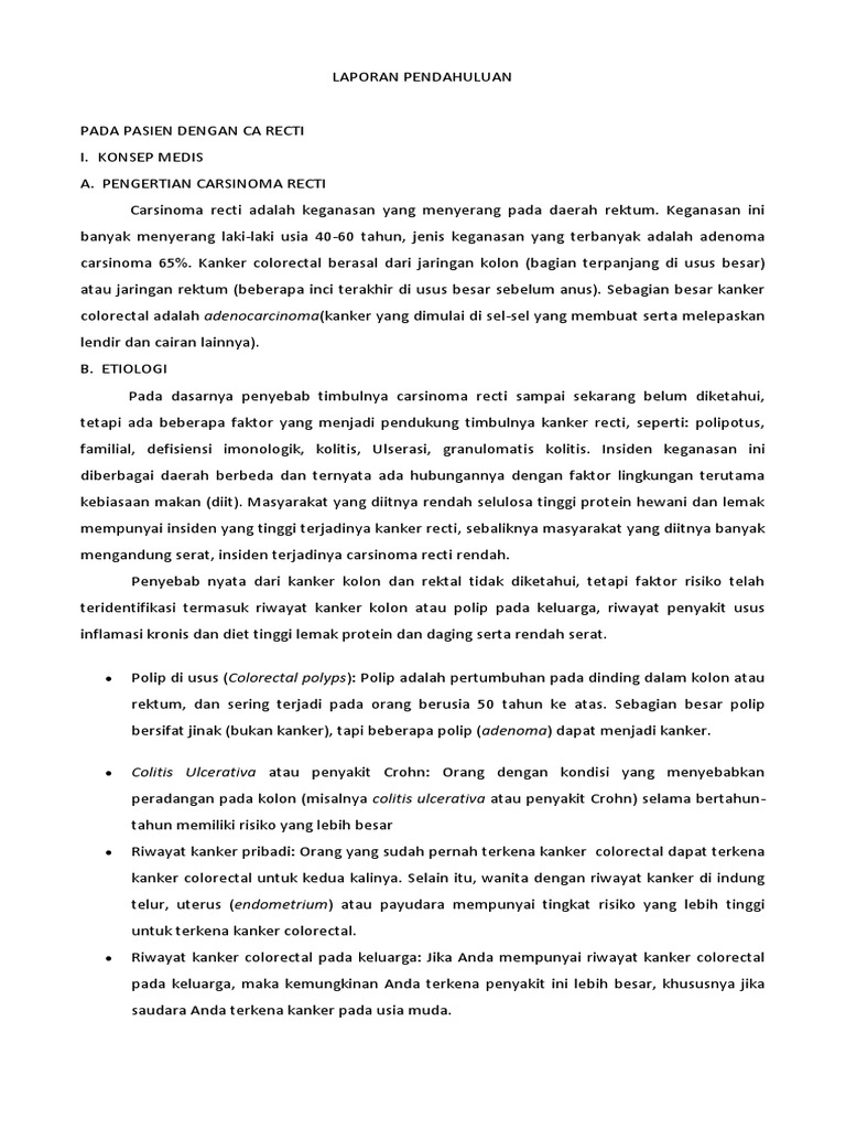 Laporan Pendahuluan CA Recti (Kanker Rektum) | PDF