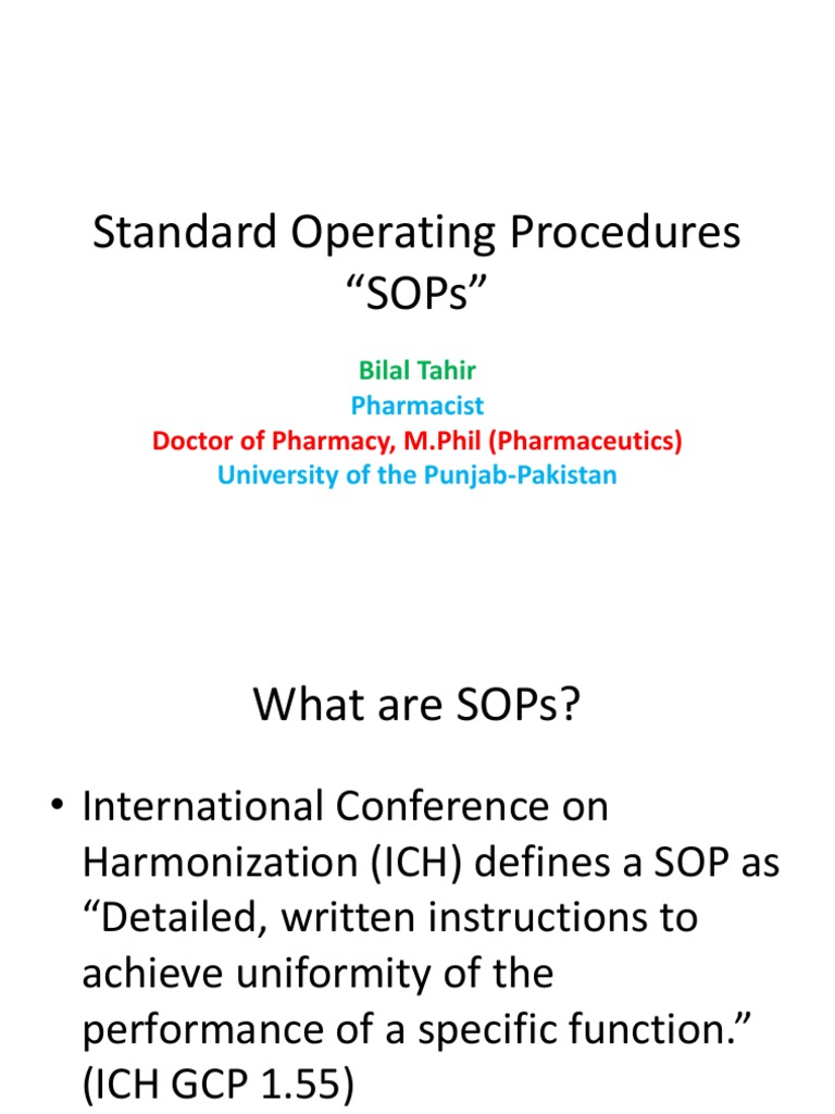 Standard Operating Procedures "Sops": Pharmacist University of The ...
