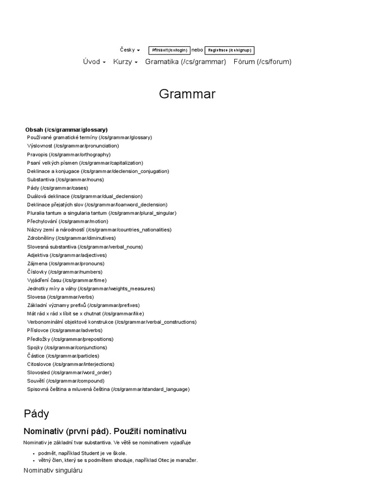 Pády - Grammar - Gramatika - Mluvtecesky | PDF