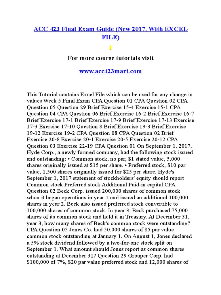 ACC 423 Final Exam Guide | PDF | Preferred Stock | Stocks