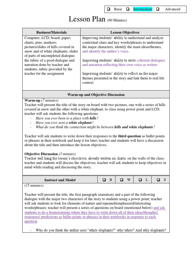 Lesson Plan - Reading and Writing - w4 - Foj | PDF | Narration | Homework
