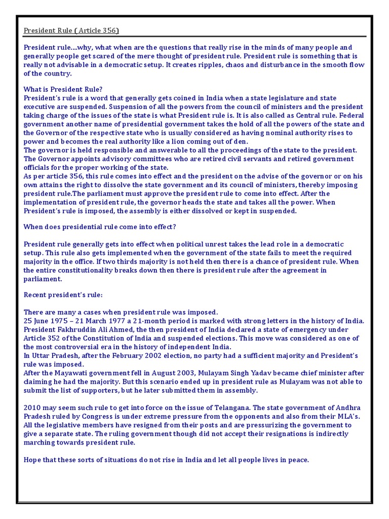 President Rule (Article 356) | PDF | Governor | Constitutional Law