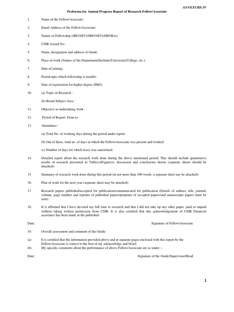 Proforma For Annual Progress Report of Research Fellow/Associate | PDF | Academia | Science