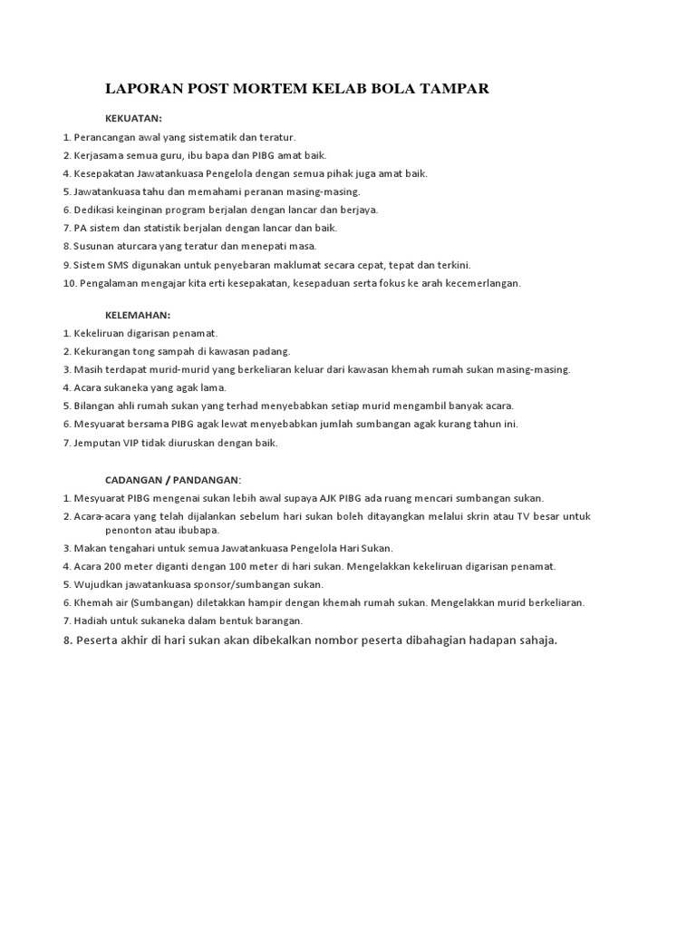 Laporan Post Mortem Kelab Bola Tampar 2017 | PDF