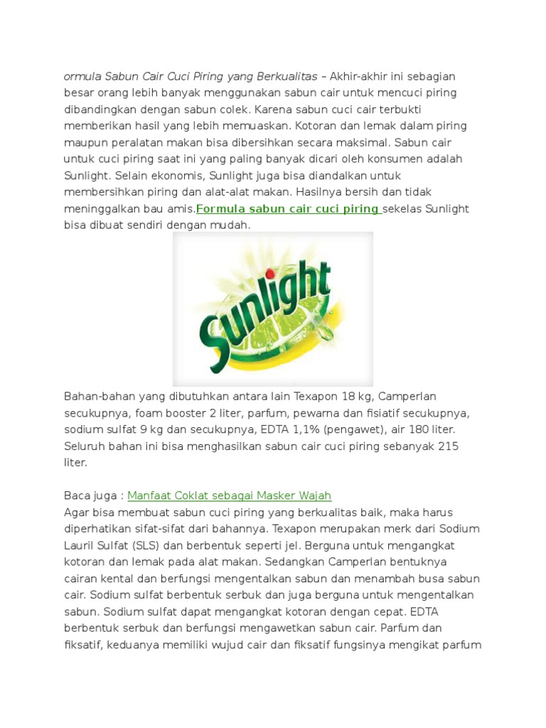 Formula Sabun Cair Cuci Piring Yang Berkualitas | PDF