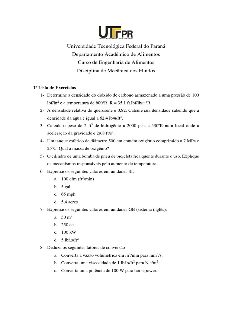 1º Lista de Exercícios (Mecflu) | PDF