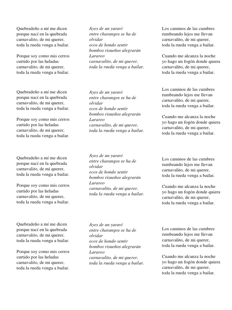 Letra del Carnavalito Quebradeño | PDF | Eventos de entretenimiento ...