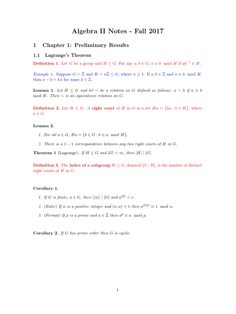 Algebra II: Group Theory Essentials | PDF | Index Of A Subgroup | Group ...