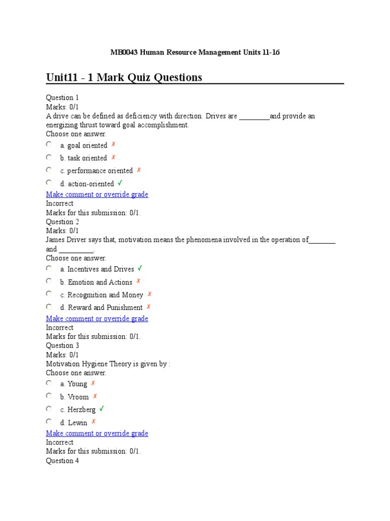 Unit11 - 1 Mark Quiz Questions: MB0043 Human Resource Management Units ...