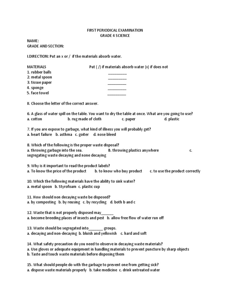 First Periodical Examination Science GRADE 4 | PDF | Sodium Chloride ...