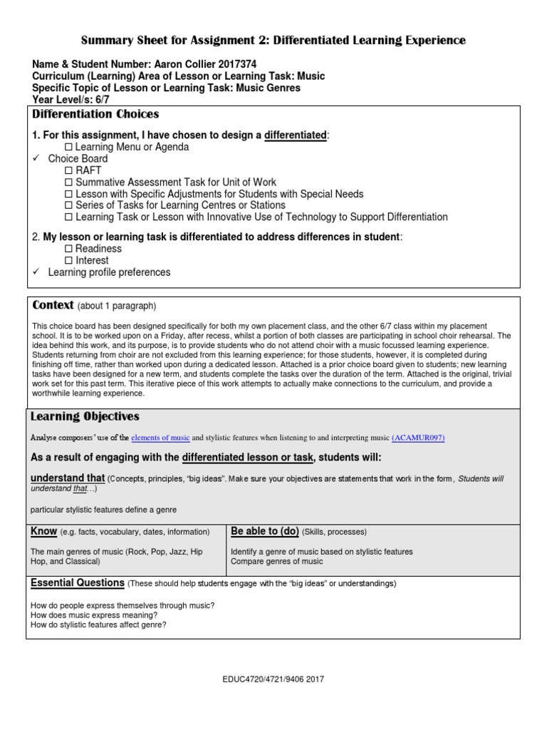 Summary Sheet For Assignment 2: Differentiated Learning Experience ...