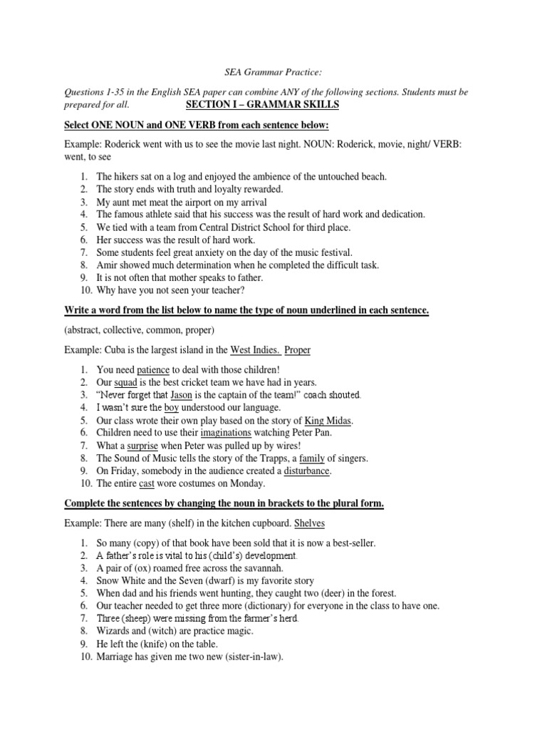 S.E.A. Grammar Practice For 1-35 | PDF | Adverb | Perfect (Grammar)