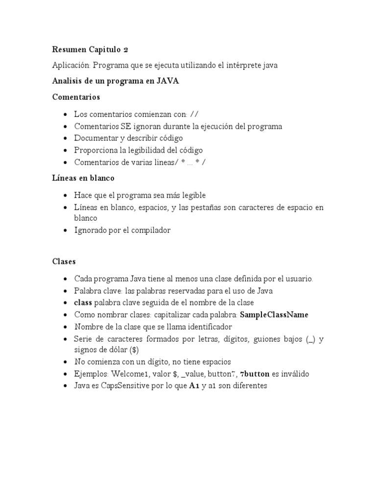 Resumen Capitulo 2 JAVA | PDF | Java (lenguaje de programación) | Programa de computadora