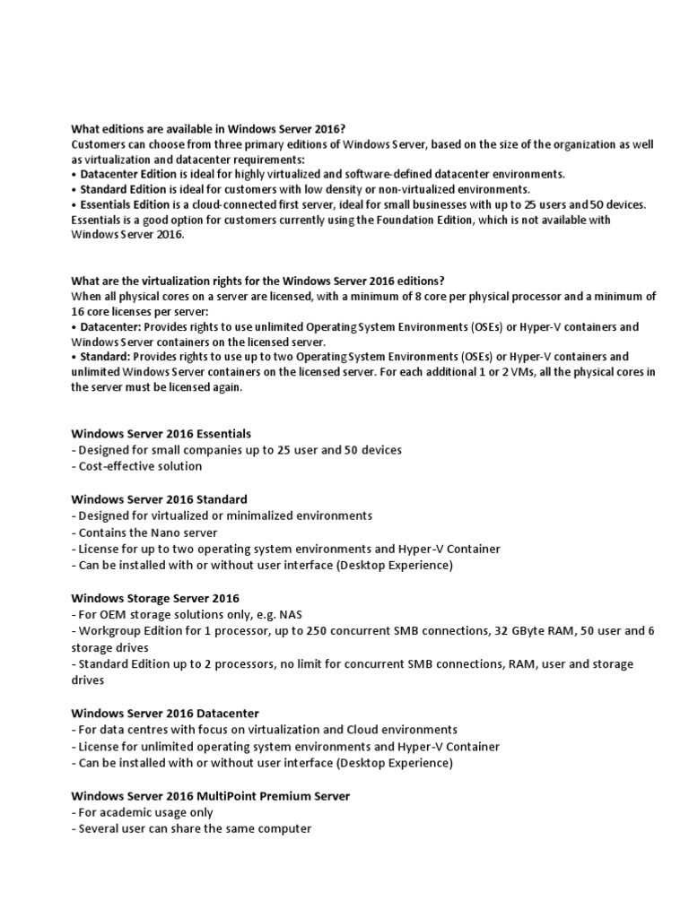 An Overview of Editions and Virtualization Rights in Windows Server 2016 | PDF | Hyper V ...