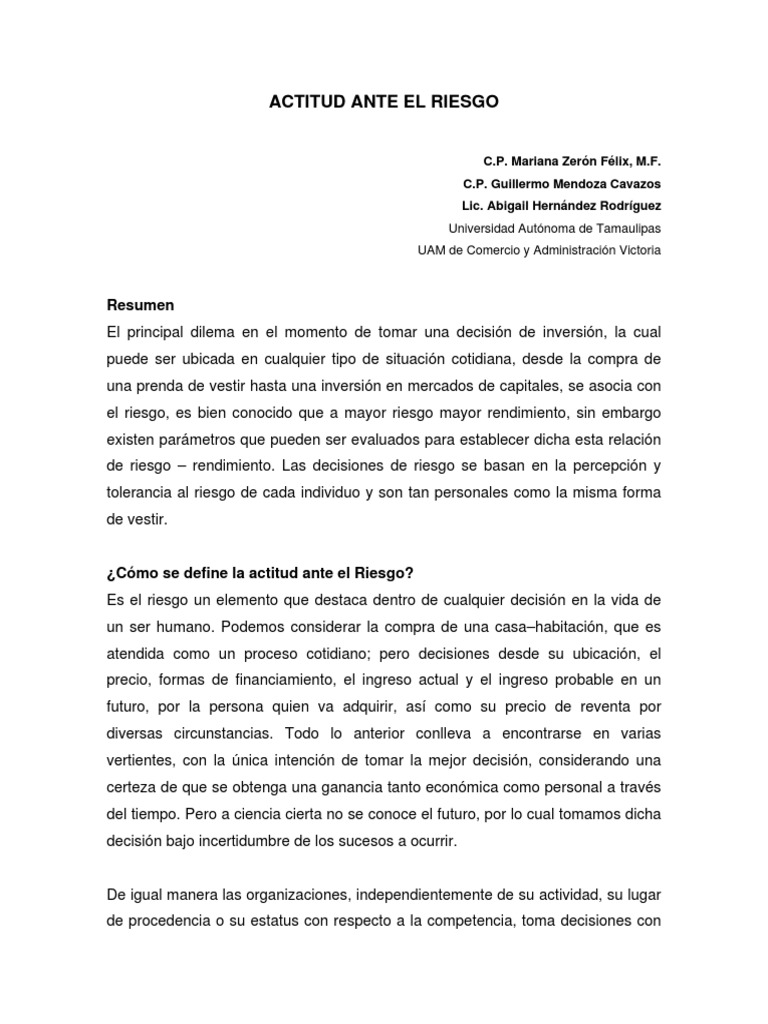 Actitud Ante El Riesgo | PDF | Aversión al riesgo | Toma de decisiones