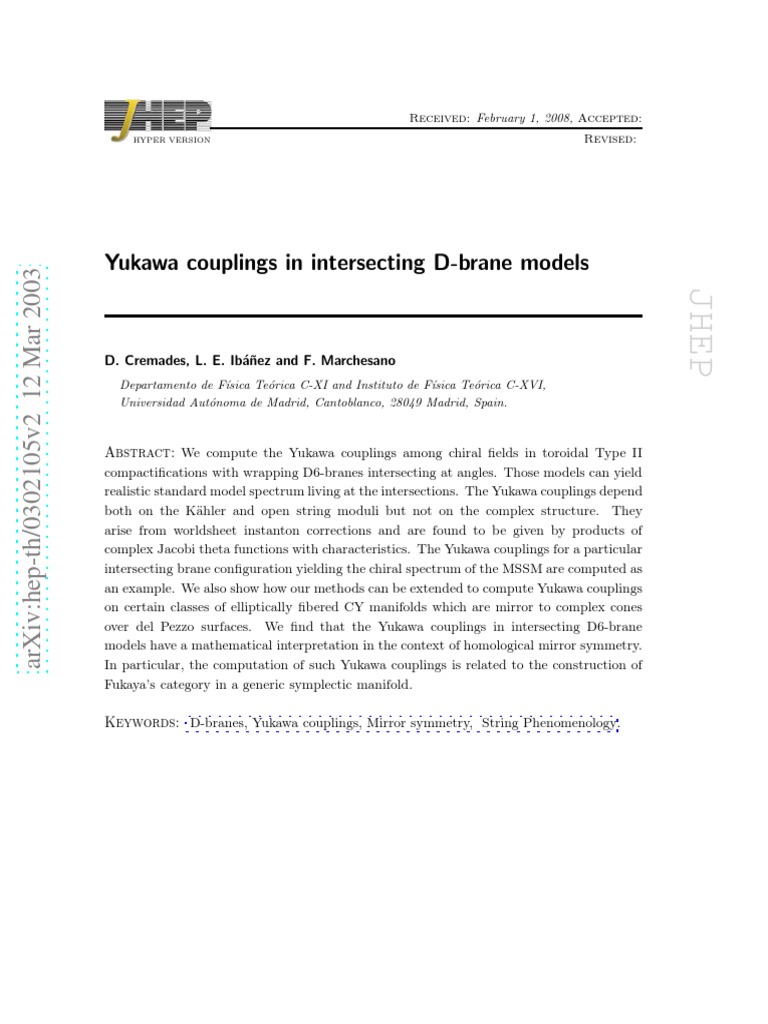 D-Brane Yukawa Couplings Analysis | PDF | String Theory | Standard Model