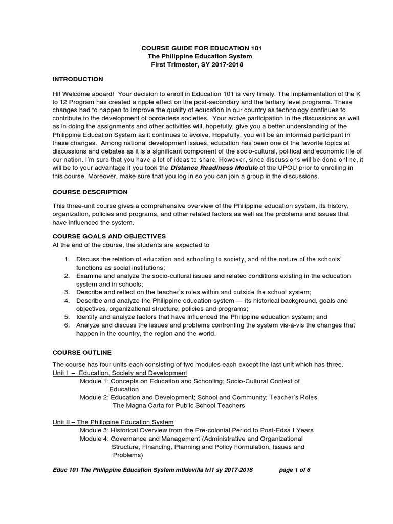 Educ 101 CG Tri 1 2017-2018 Rev | PDF | Test (Assessment) | Curriculum