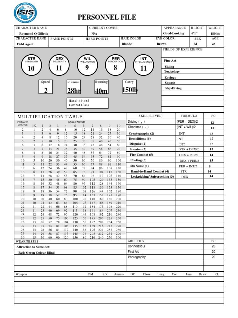 Ray Gillette Character Sheet (Archer/ James Bond RPG) | PDF | Leisure