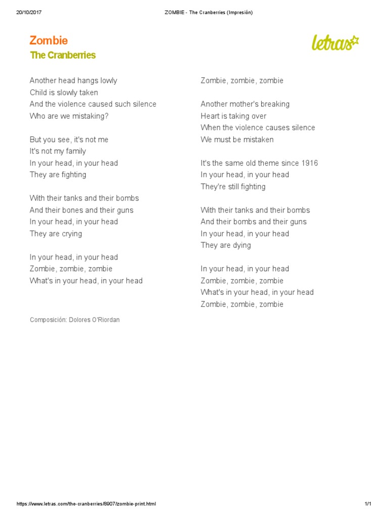 ZOMBIE - The Cranberries (Impresión) PDF | PDF | Songs Written | Irish ...