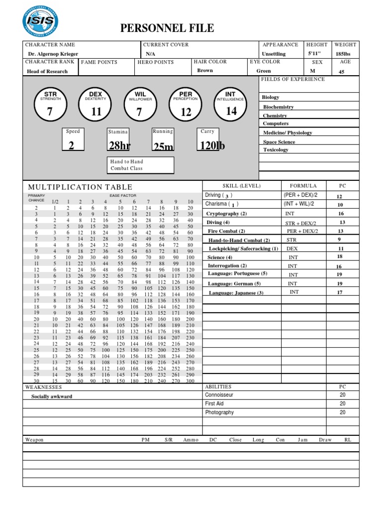 DR Krieger Character Sheet (Archer/ James Bond RPG) | PDF | Leisure ...