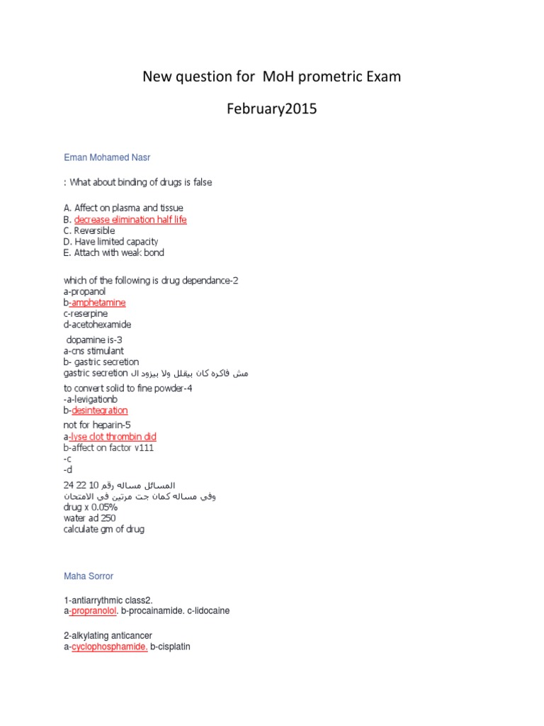 New Question for MoH Prometric Exam تم | PDF | Lipoprotein | Tablet ...