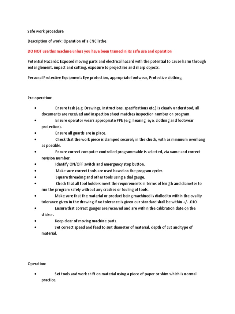 Safe Work Procedure | PDF | Personal Protective Equipment | Machining