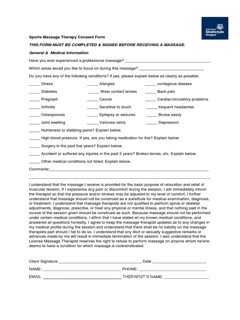 Consenting to Relief: A Sports Massage Therapy Consent Form | PDF ...