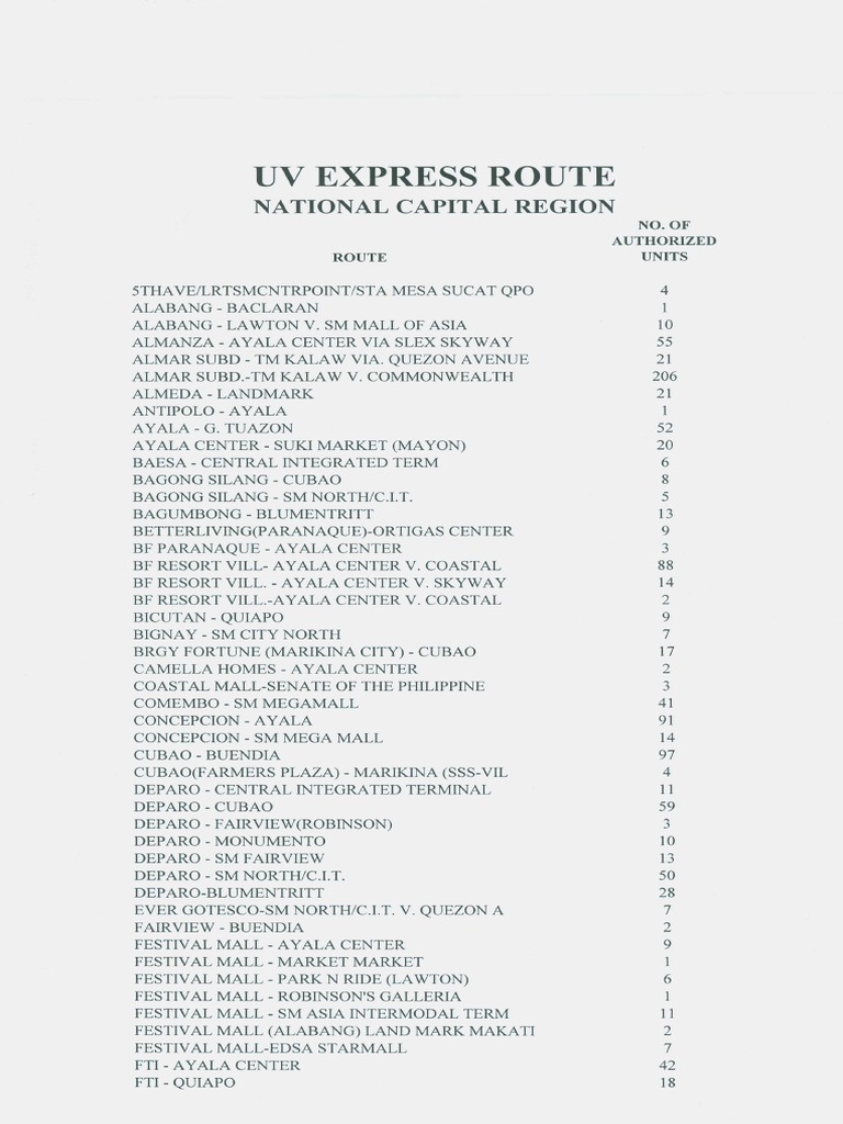 UV EXPRESS ROUTE (National Capital Region) PDF | PDF