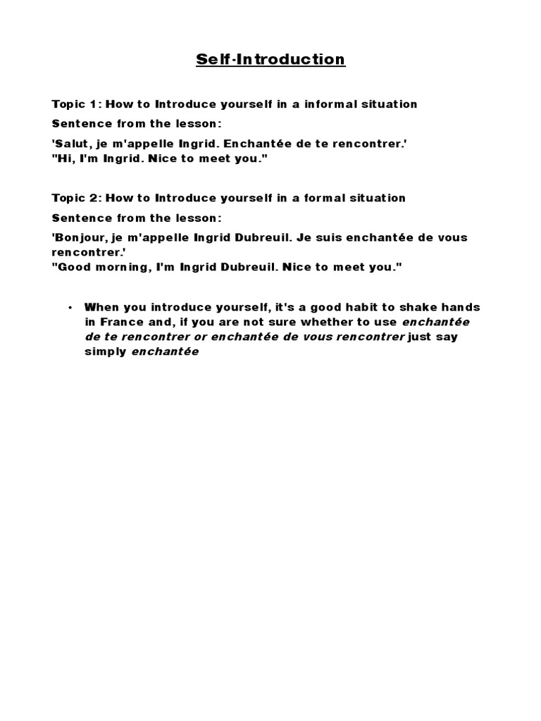 Self-Introduction: How to Introduce Yourself in French Situations | PDF