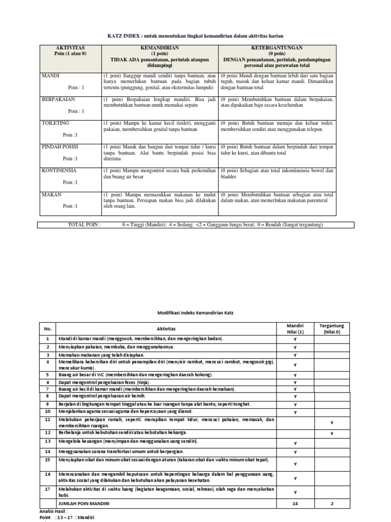 KATZ INDEX (Pengkajian Kemandirian) | PDF