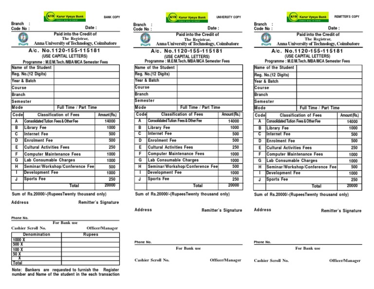 KVB Challan PG | PDF | Fee | Banking