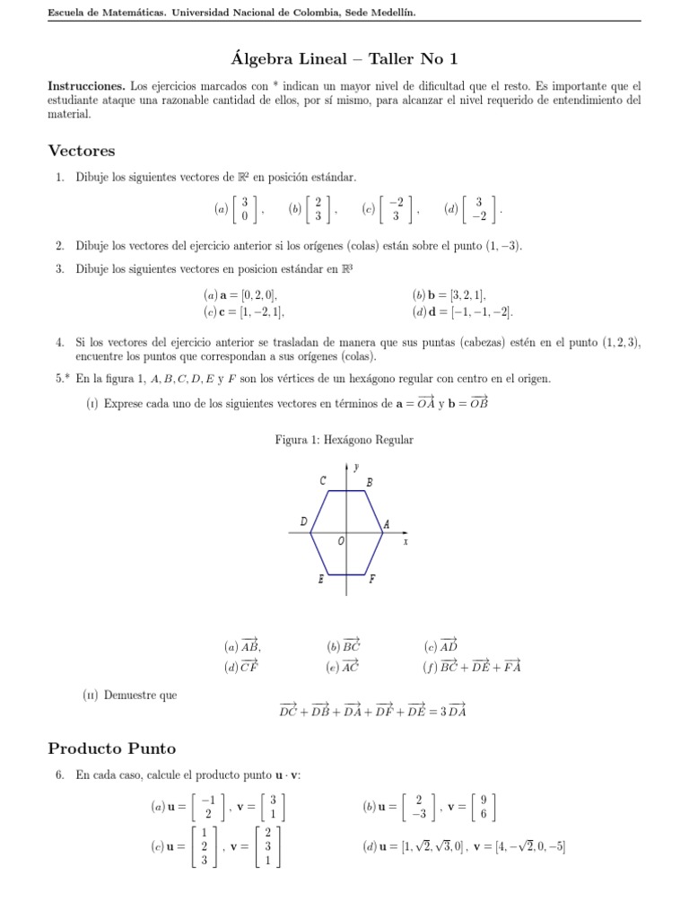 Álgebra lineal: Taller sobre vectores, producto punto y Matlab | PDF | Vector Euclidiano ...