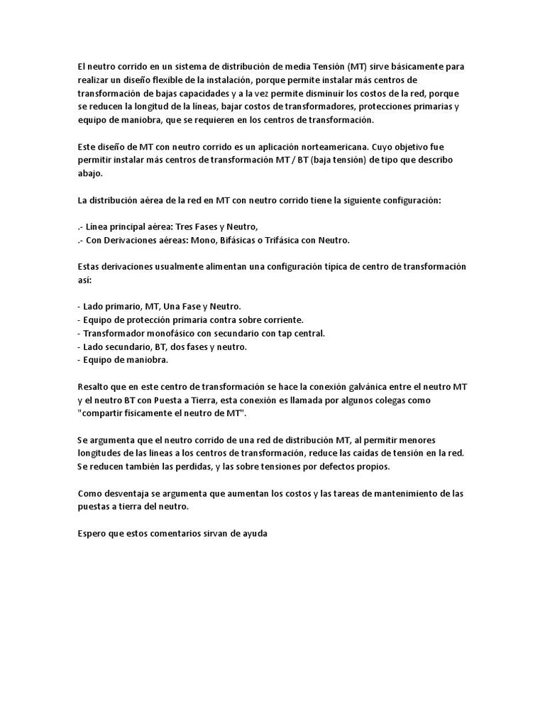 El Neutro Corrido en Un Sistema de Distribución de Media Tensión | PDF