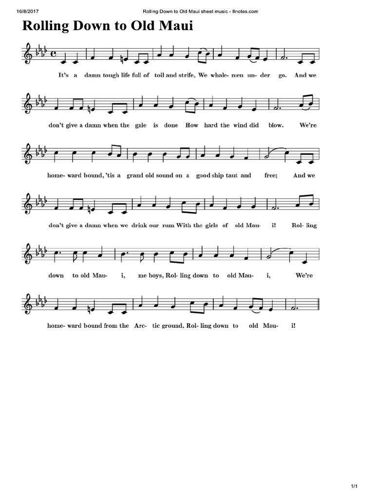 Rolling Down To Old Maui Sheet Music - 8notes