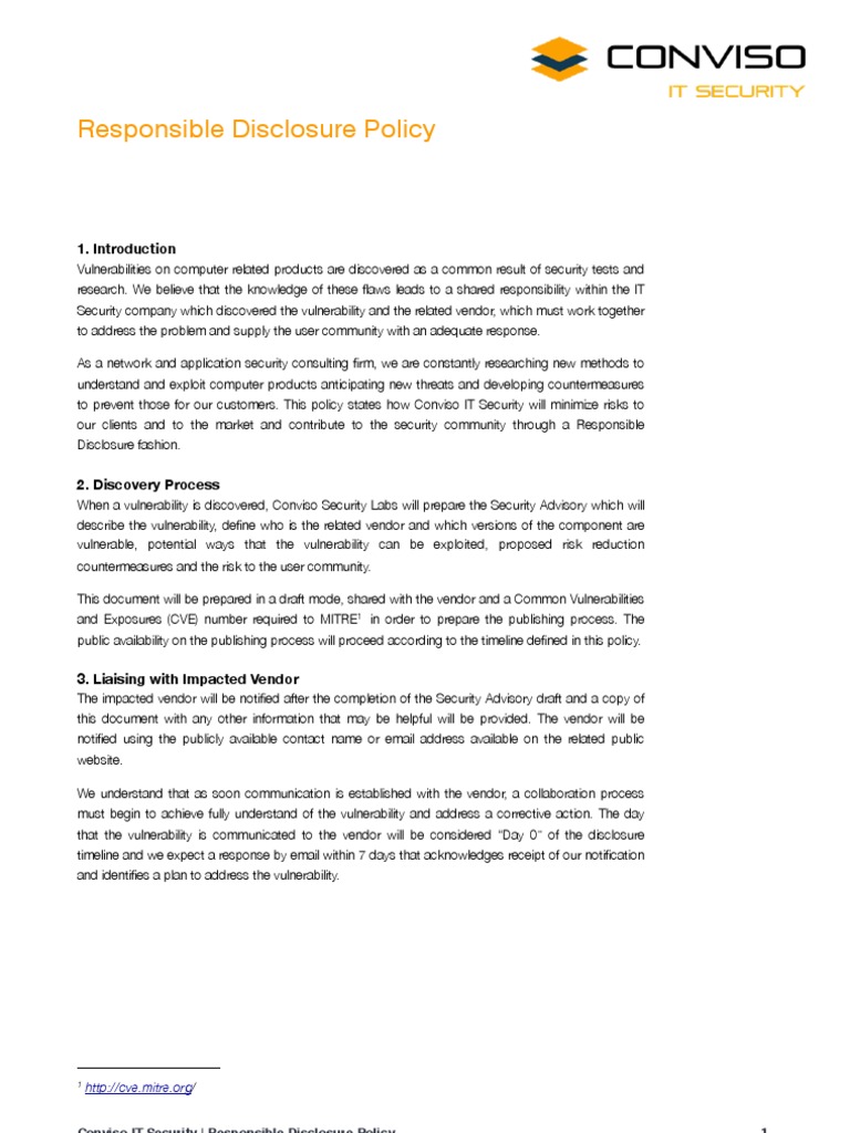 Conviso Responsible Disclosure Policy | PDF | Vulnerability (Computing) | Computer Security