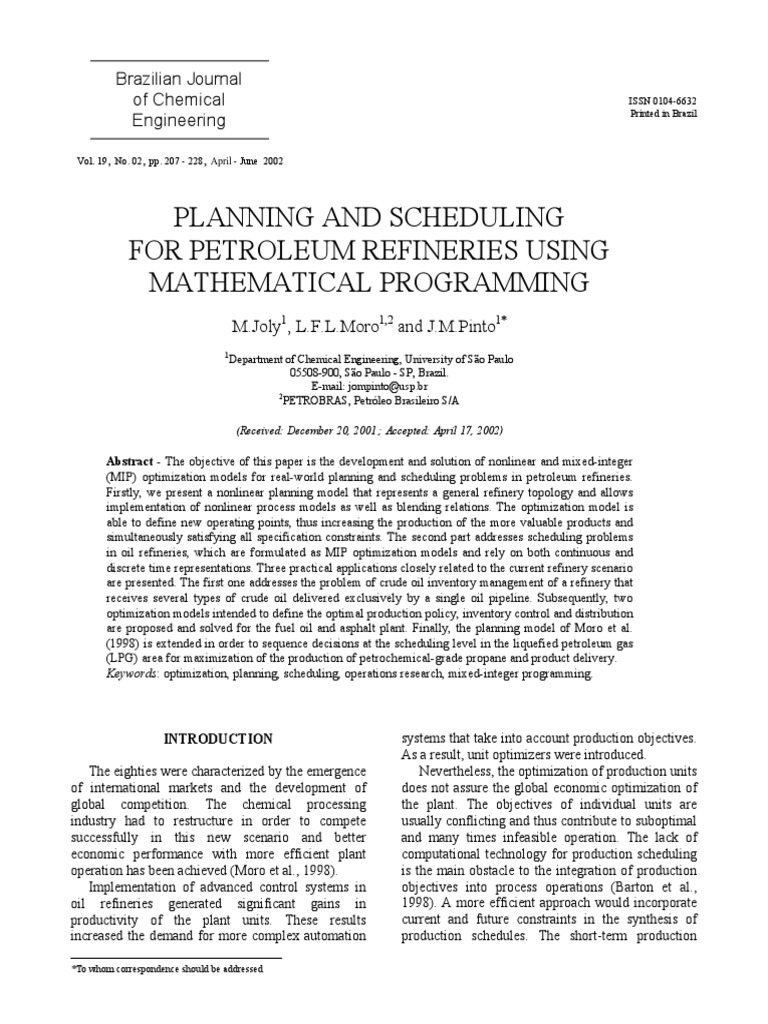 Planning and Scheduling For Petroleum Refineries Using Mathematical Programming | Download Free ...